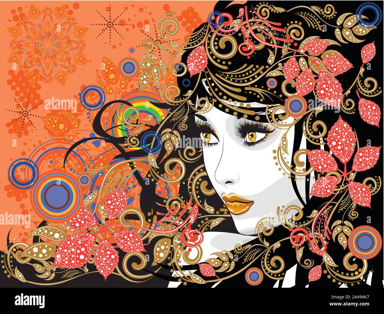 Colorful fall leaves, floral ornament and female portrait Stock Vector ...