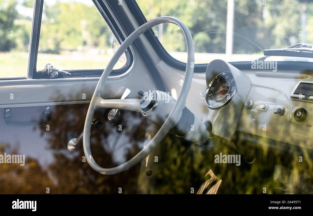 Vintage car interior. Small old car. Italian car Stock Photo - Alamy