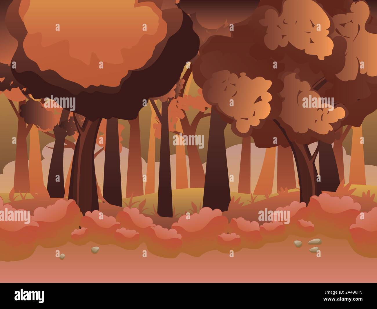 Stylized cartoon autumn forest landscape with shrubs, trees Stock ...