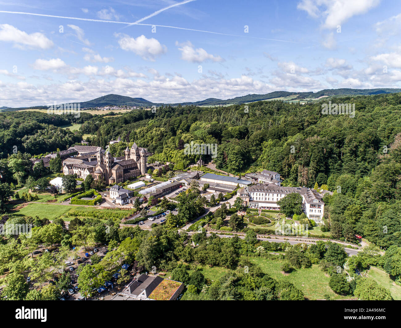 Aerial view the famous abbey Maria Laach in Rhineland-Palatinate ...