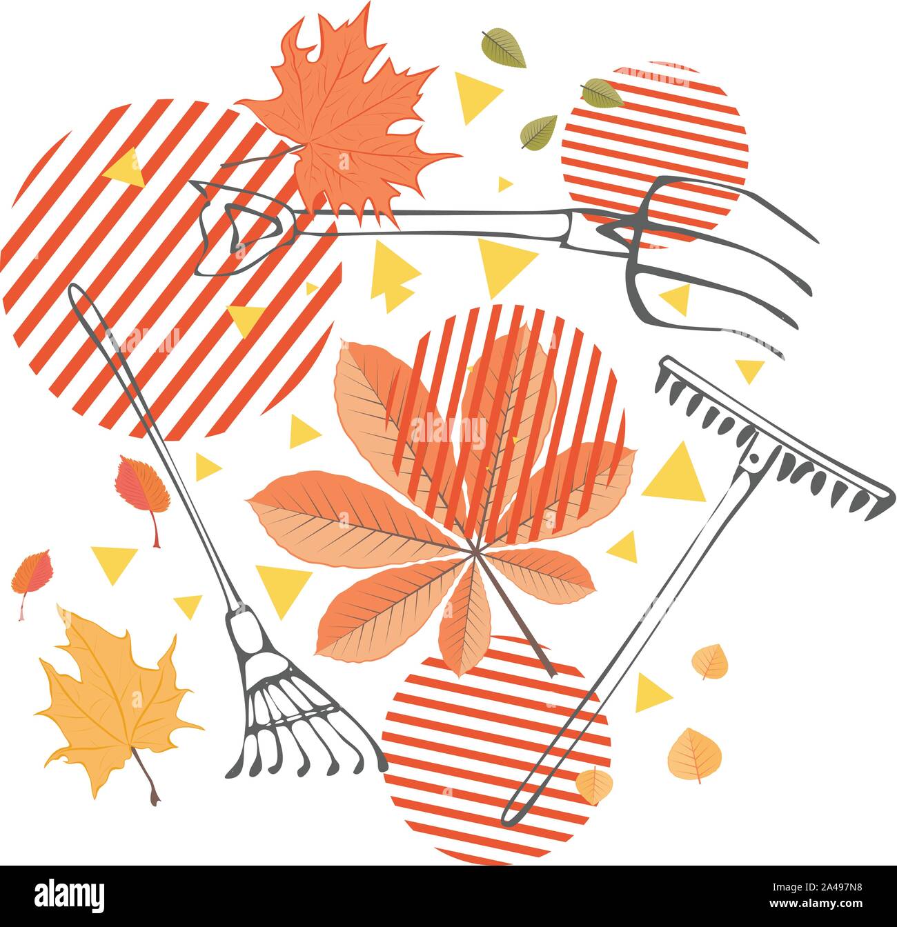 Autumn fallen leaves with rake design illustration Stock Vector Image ...