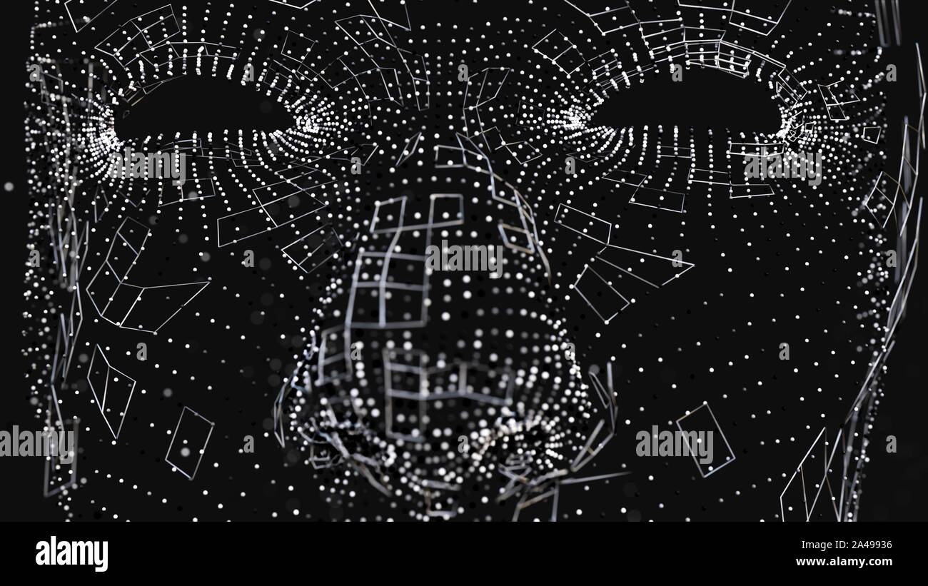 Human face consisting of luminous lines and dots. 3D illustration on a ...