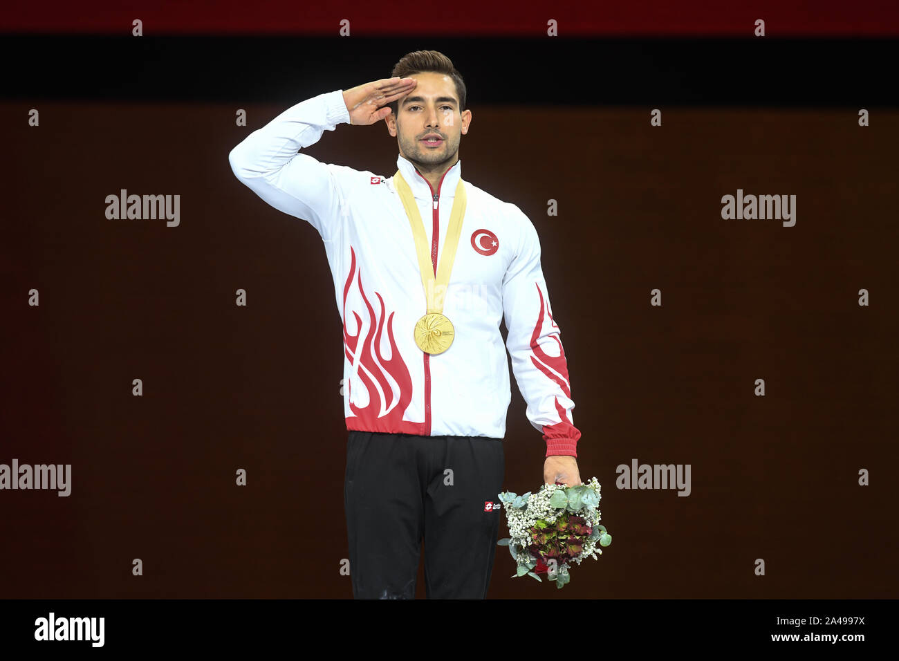 Stuttgart, Germany. 12th Oct, 2019. IBRAHIM COLAK from Turkey salutes ...