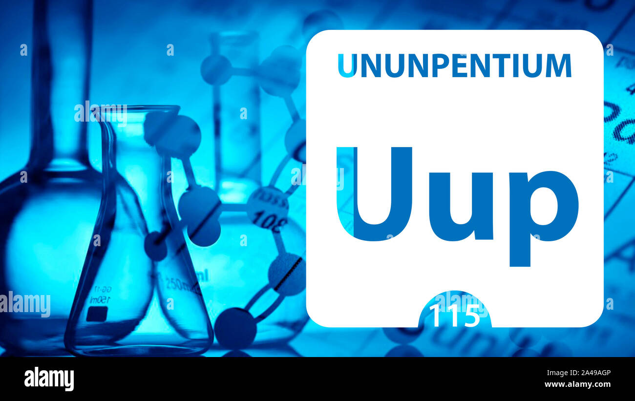 Ununpentium Uup, chemical element sign. 3D rendering isolated on white ...