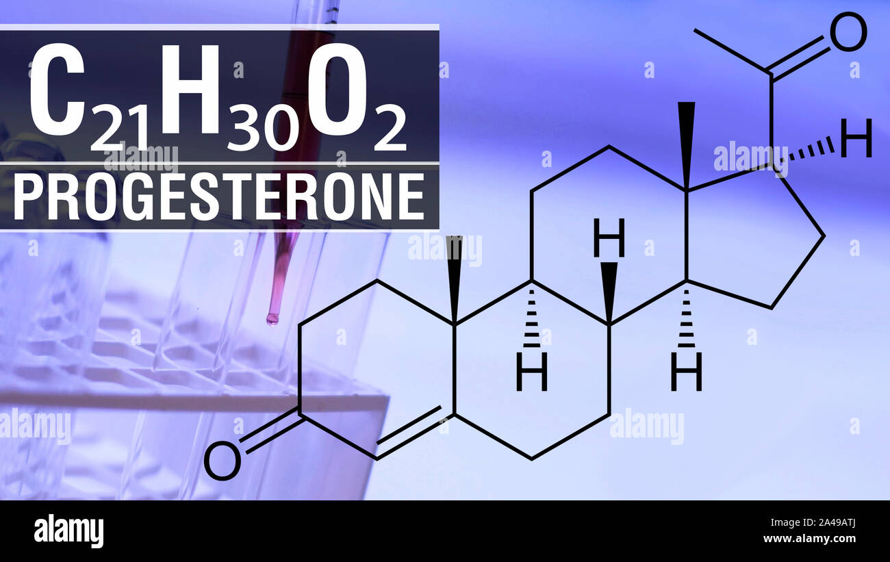 Progesterone steroid, chemical formula sign. 3D rendering isolated on ...