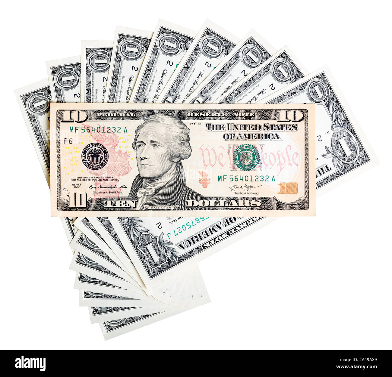 Abstract composition from one dollar bills end ten dollar banknote on ...