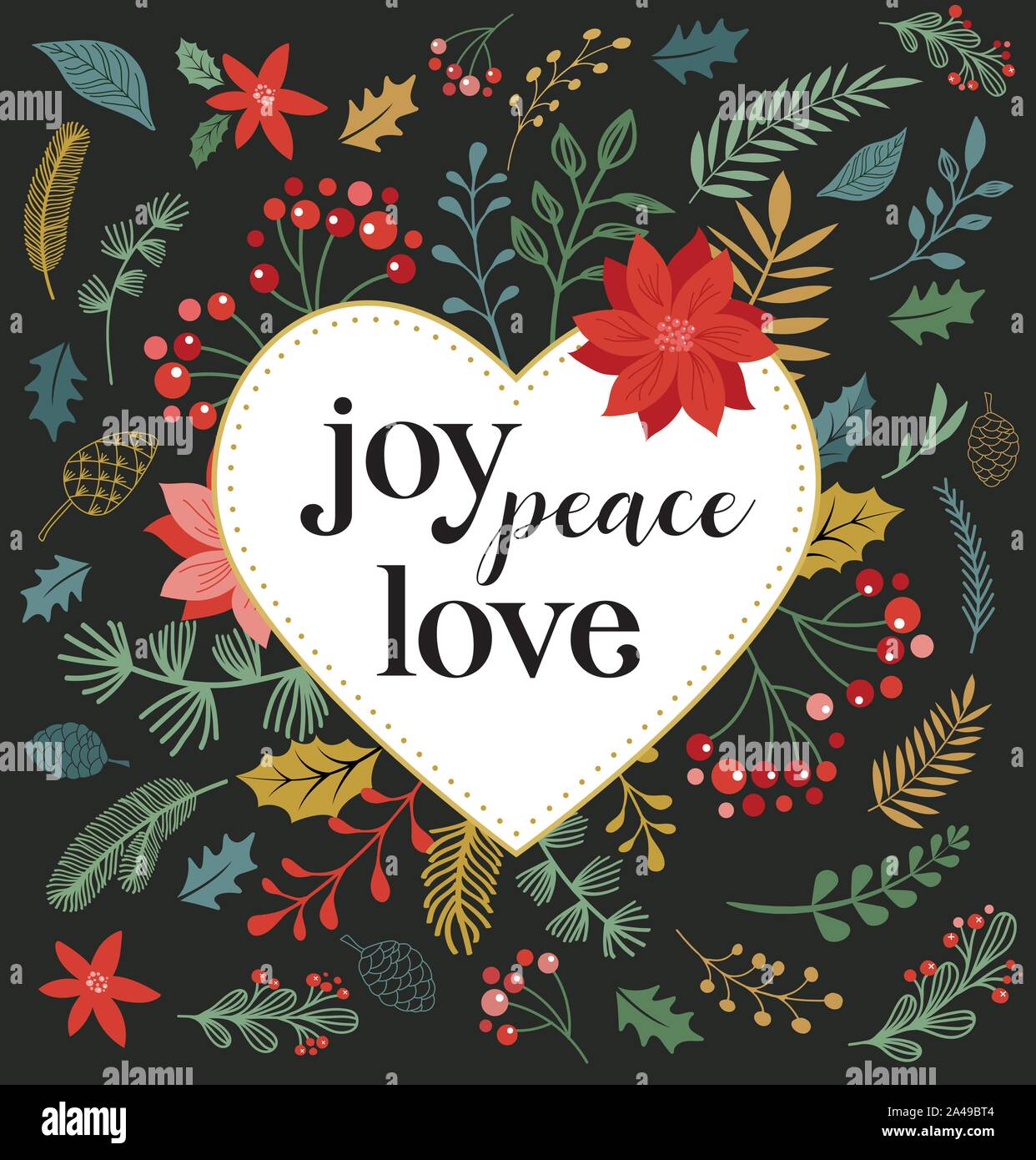 Joy, peace, love, Merry Christmas card with lettering on elegant floral ...
