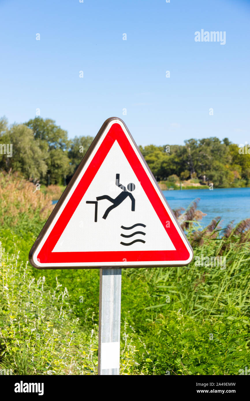 Fall hazard sign with The Pont Saint Benezet or Avignon bridge in the ...