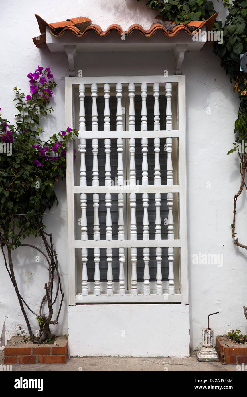 View at typical Latin American colonial window in Cartagena, Colombia ...