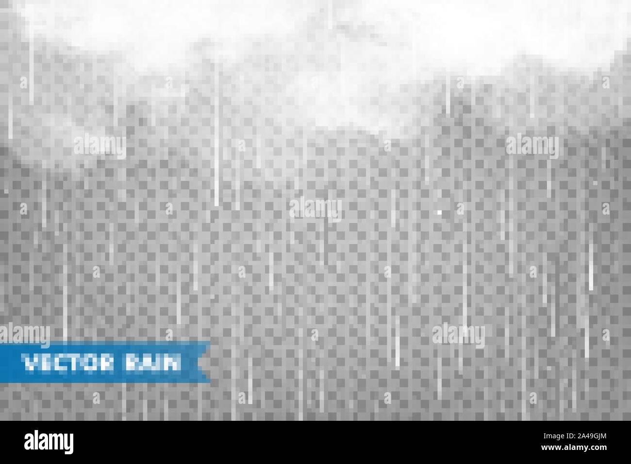 Realistic rain with clouds on transparent background. Rainfall, water drops effect. Autumn wet ...