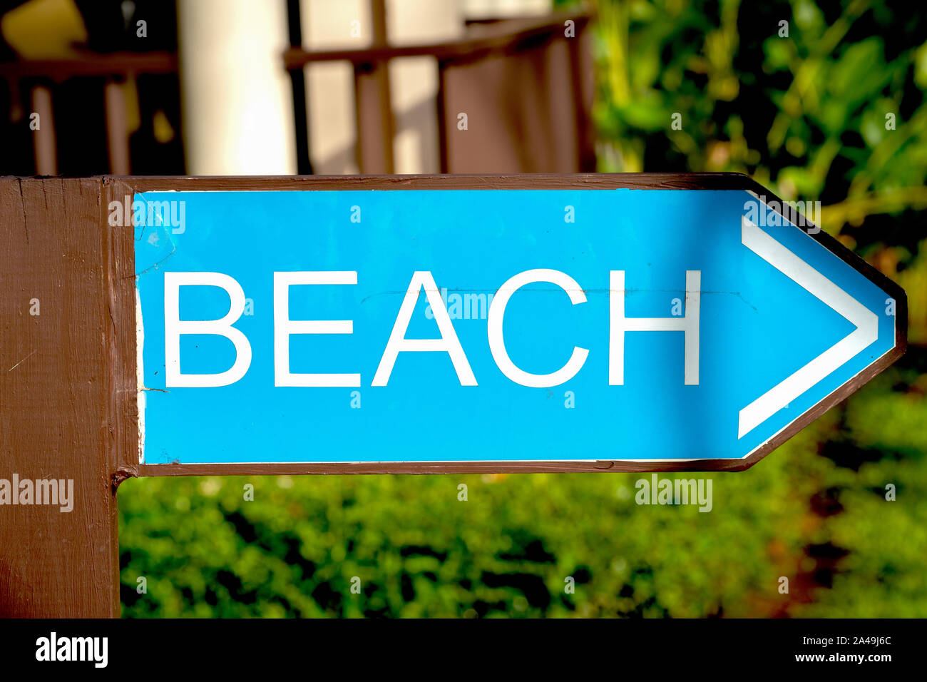 signpost beach, made of wood, green, the road to the beach to the right ...