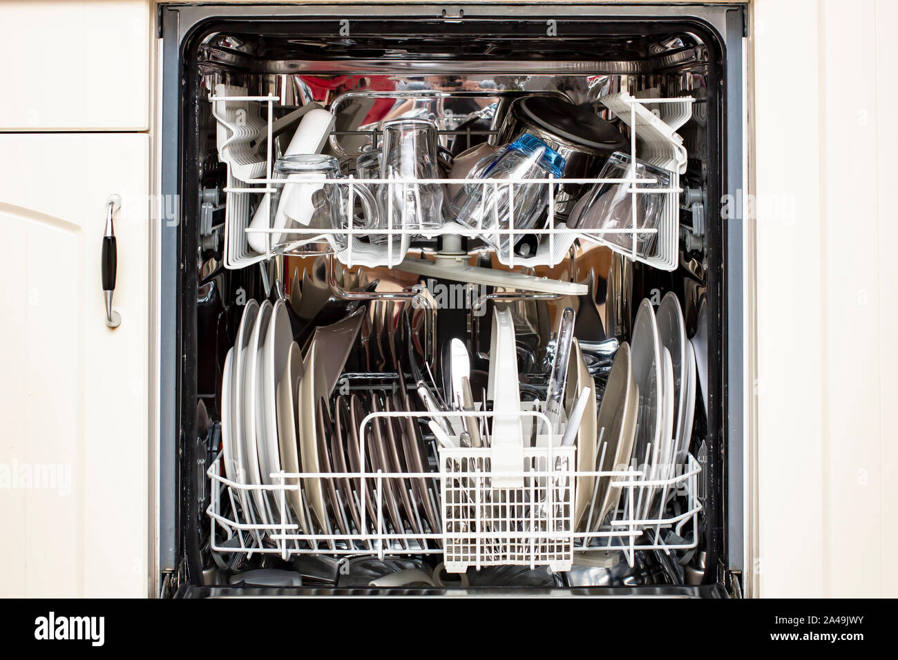 Open dishwasher with perfectly clean dishes after washing, front view ...