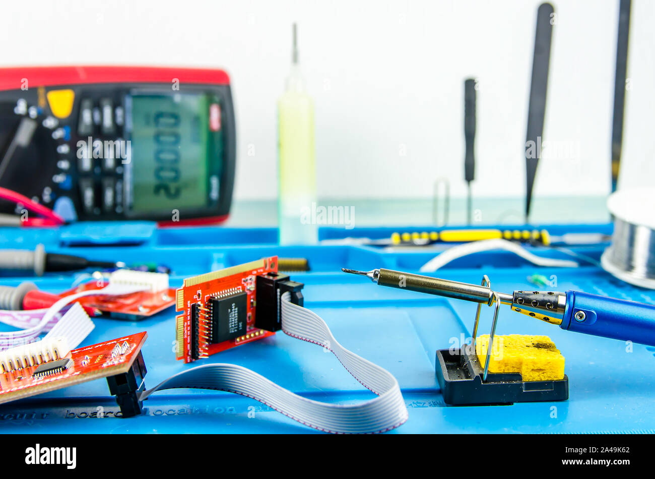The electrician's workplace. Electronics. Schemes soldering iron ...