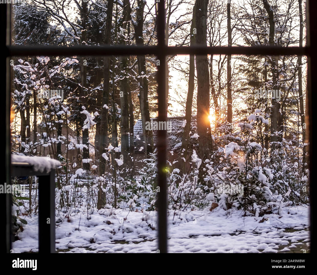 View from the large panoramic window to the winter landscape in the ...