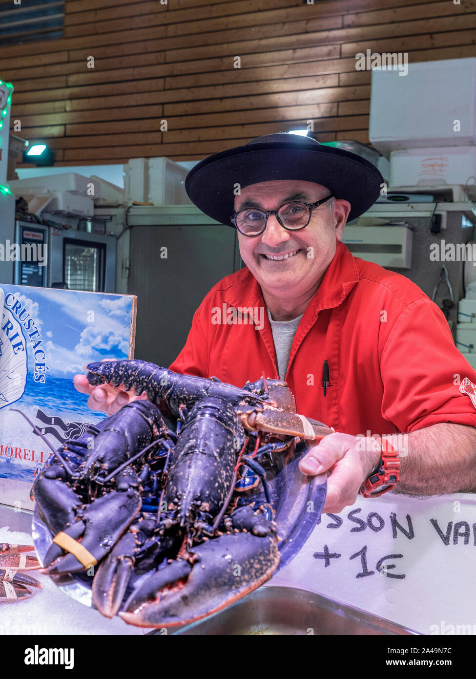 BRETON FISHMONGER & LIVE BLUE LOBSTER HOMARD BLEU FISH MARKET STALL ...