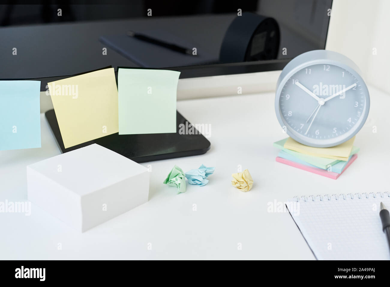 Modern workspace background. Workplace with clock, office supplies and ...