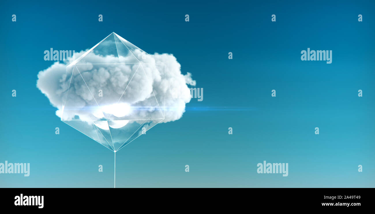 cloud enclosed in a crystal structure with luminous faces and glass ...