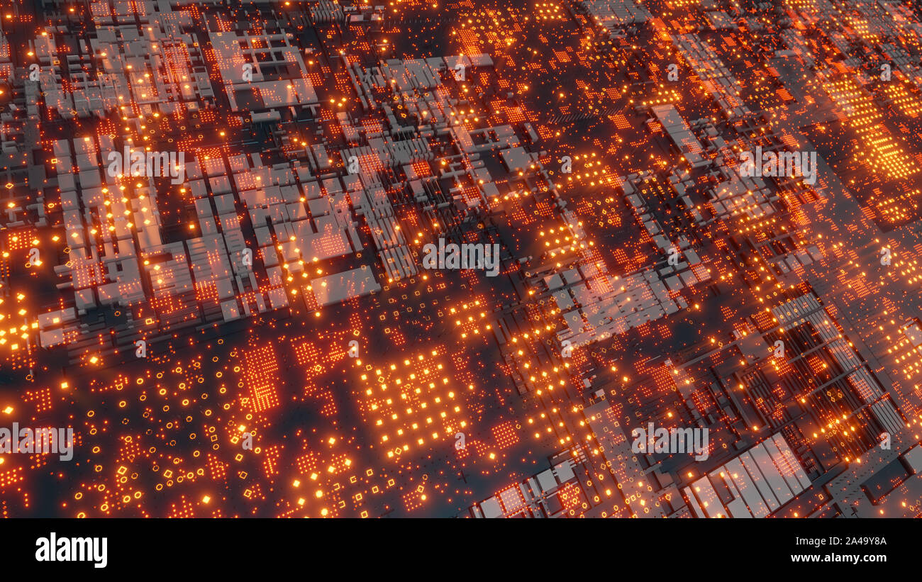 Abstract futuristic design. Tech wall with red bright elements. DOF ...