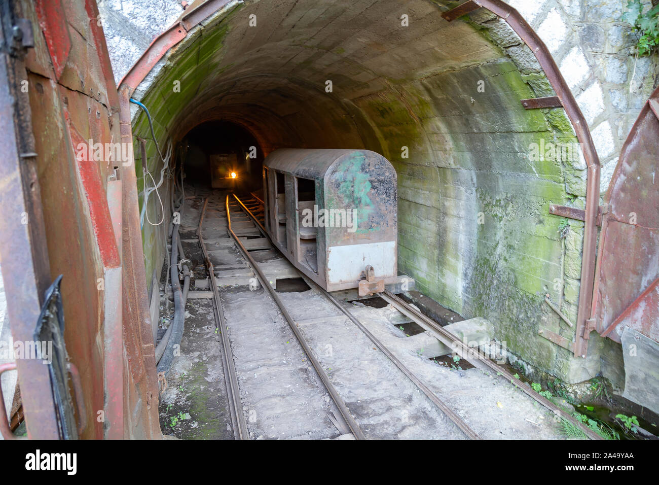 Underground mining locomotive at mine shaft of the coal mine Stock ...