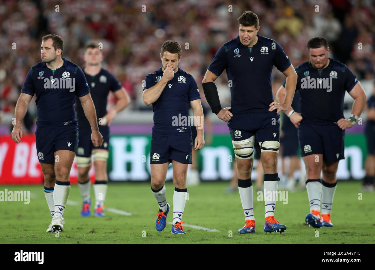 Scotland player look dejected after defeat during the 2019 Rugby World ...