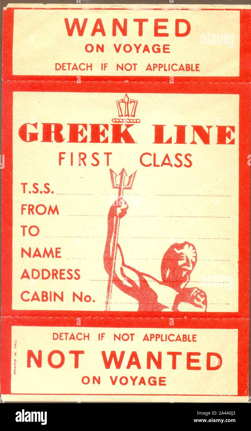 Passenger luggage label for Greek Line First Class voyage circa 1935 ...