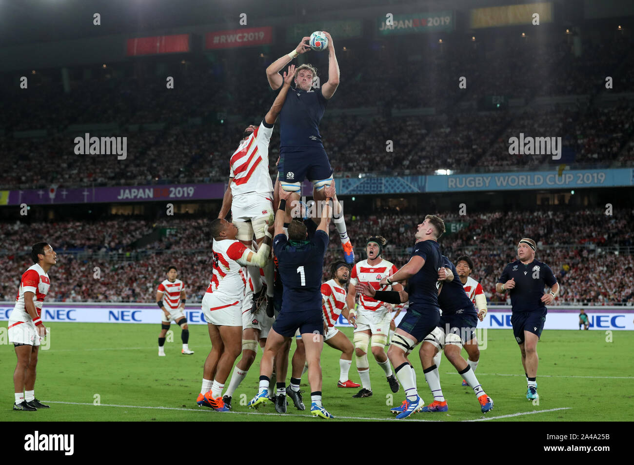 Japan and Scotland contest a lineout during the 2019 Rugby World Cup ...