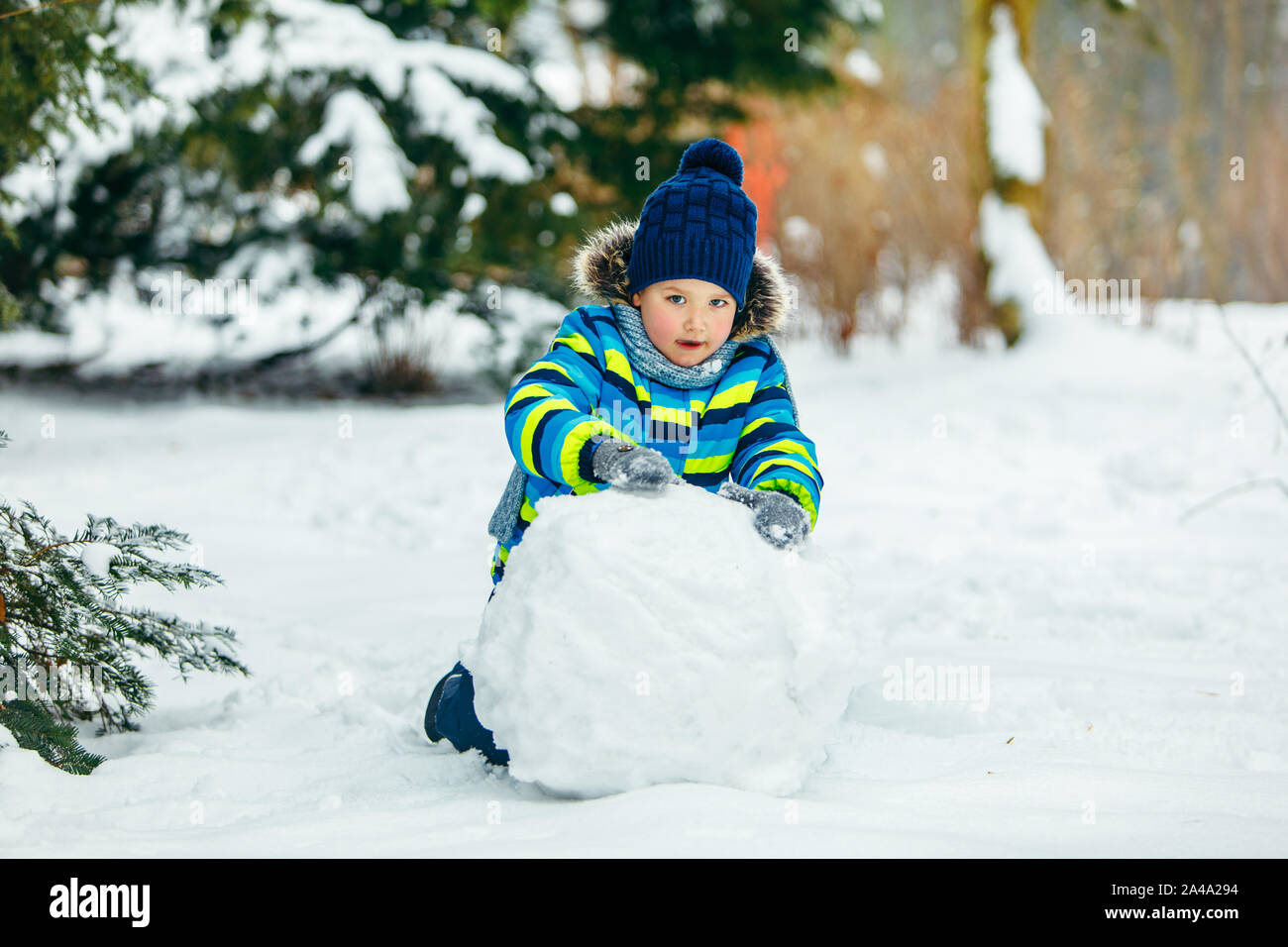little cute boy making snowman. rolling big snowball Stock Photo - Alamy