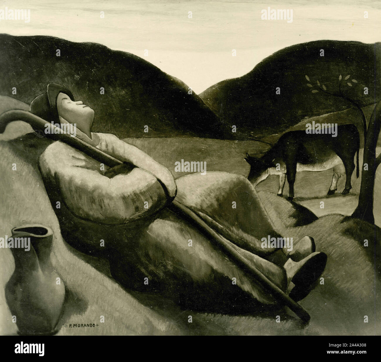 The cow herder, painting by Italian artist Pietro Morando, 1930s Stock ...