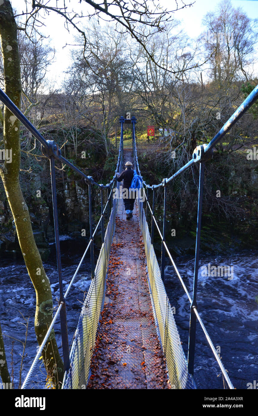 Walker crossing Wynch Bridge, Teesdale Stock Photo - Alamy