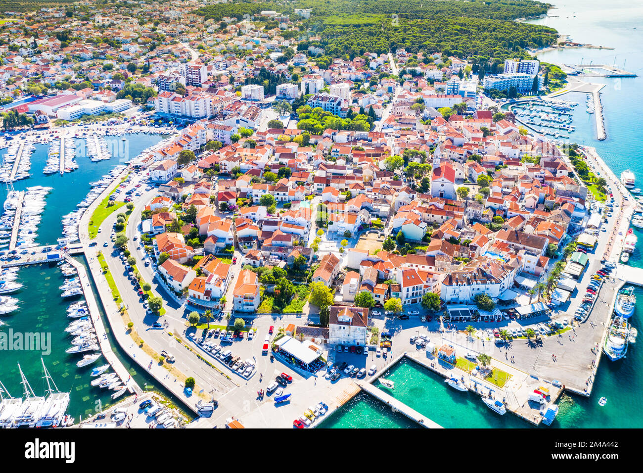 Croatia, town of Biograd na Moru on Adriatic sea, aerial view of marina ...
