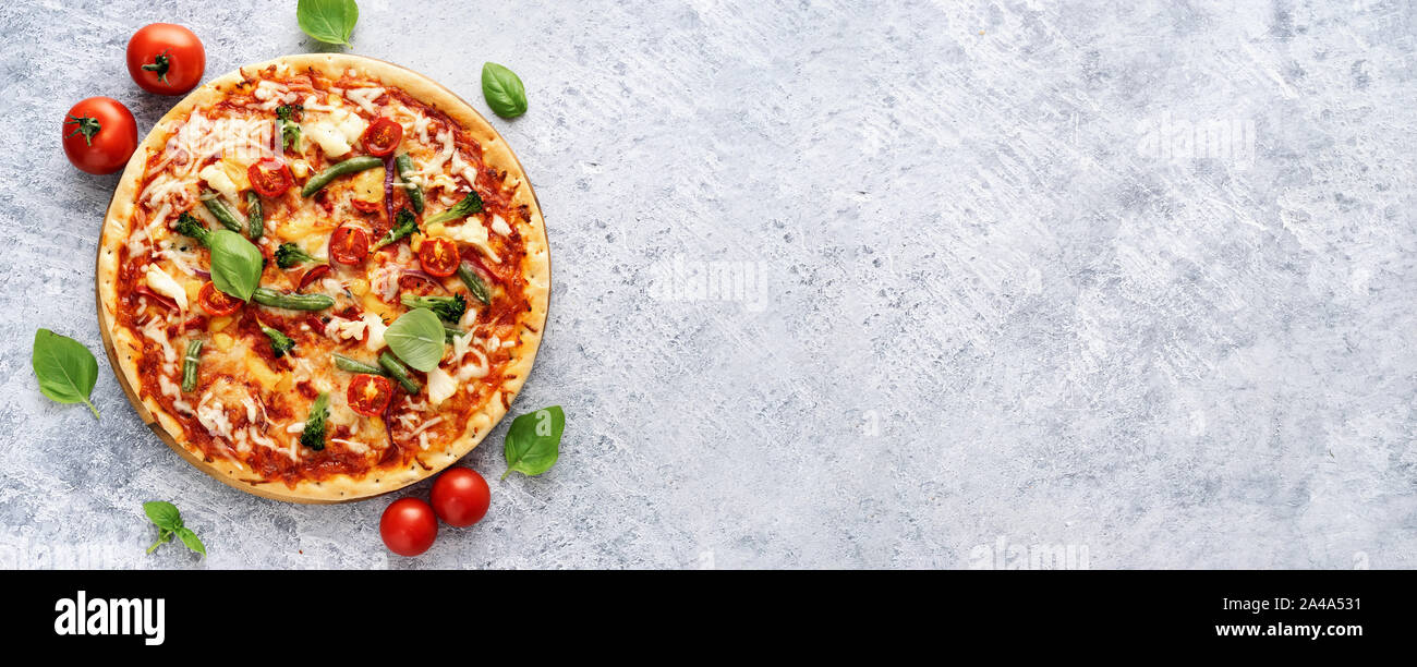 Fresh vegetarian pizza on light blue background. Long banner. Copy ...