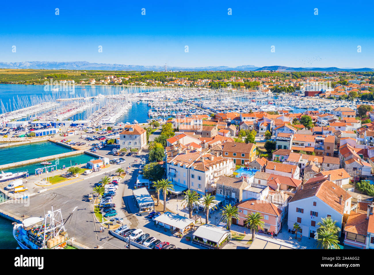 Croatia, town of Biograd na Moru on Adriatic sea, aerial view of marina ...