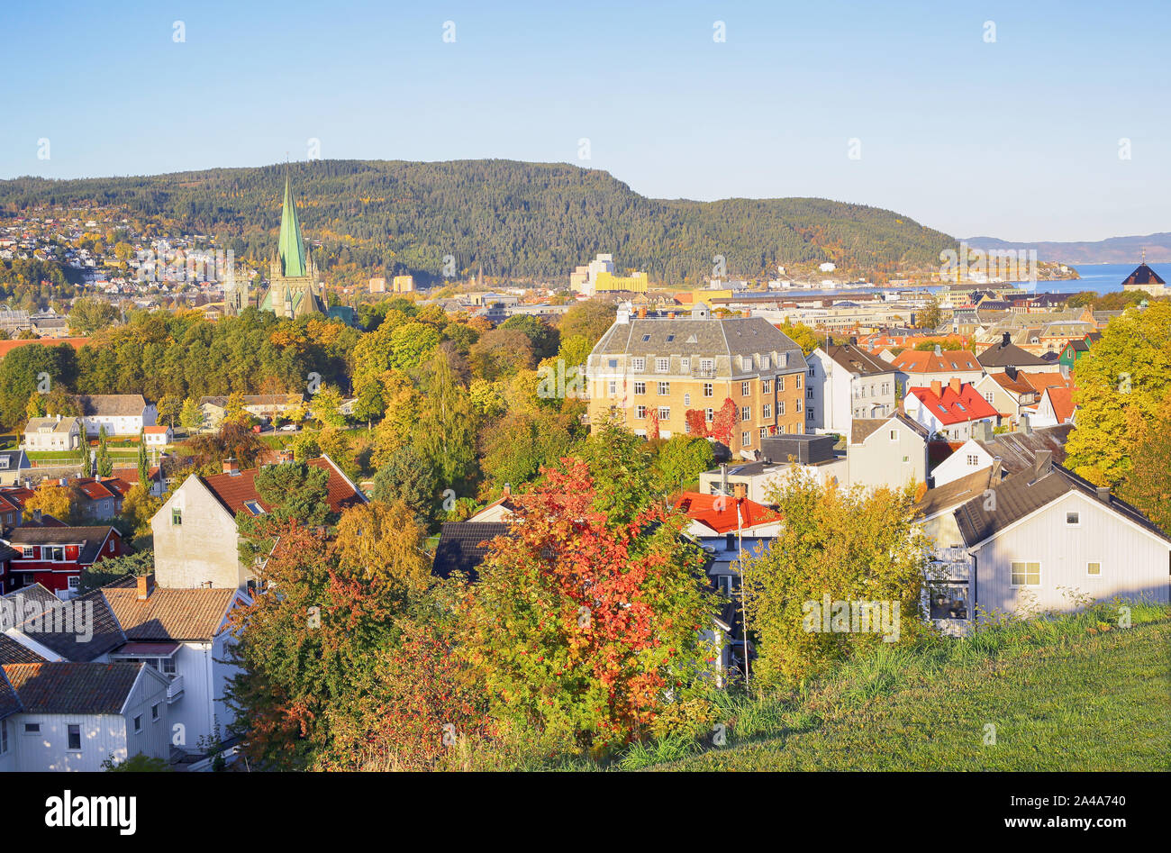 Aerial view of the historical center in the Norwegian city Trondheim ...