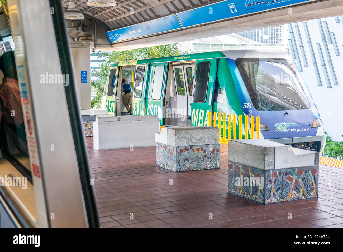 MIAMI, USA - September 10, 2019: Metro mover train on the station in ...