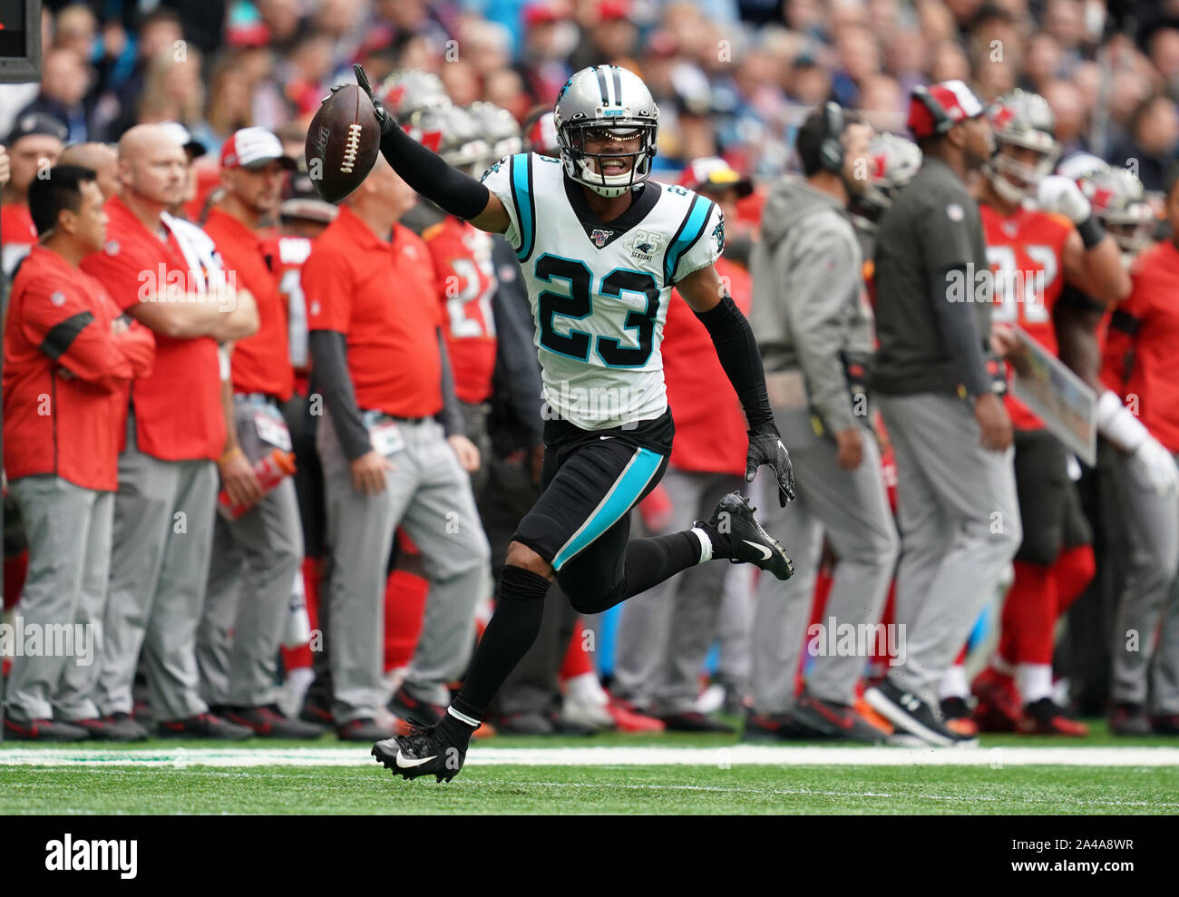 Carolina Panthers' Javien Elliott reacts to an interception during the ...