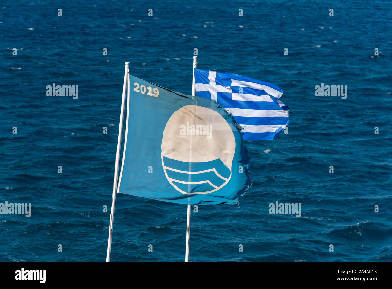 Elounda, Crete, Greece. October 2019. The Blue Flag for an excellent ...