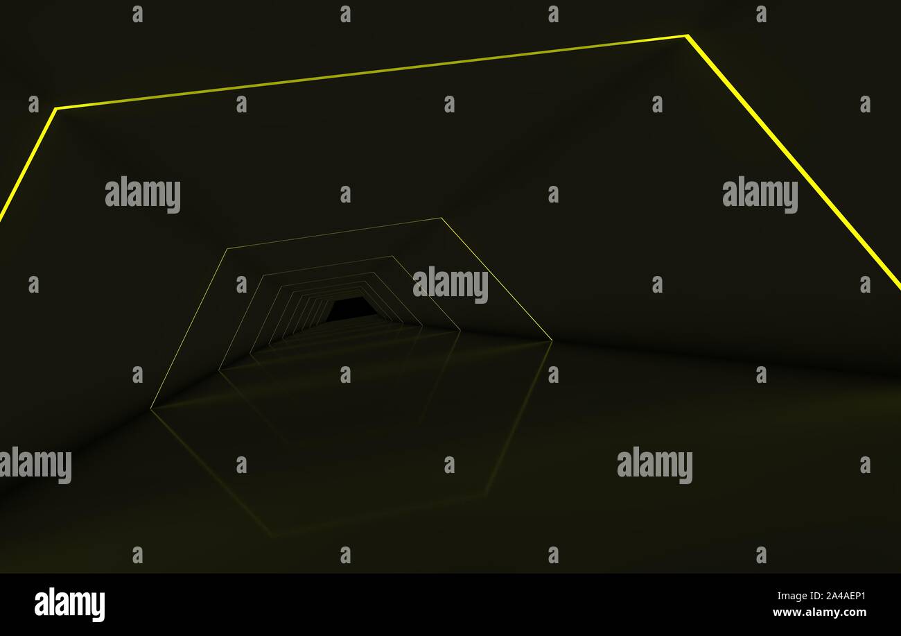 Abstract tunnel in total darkness with yellow led strip. 3D ...