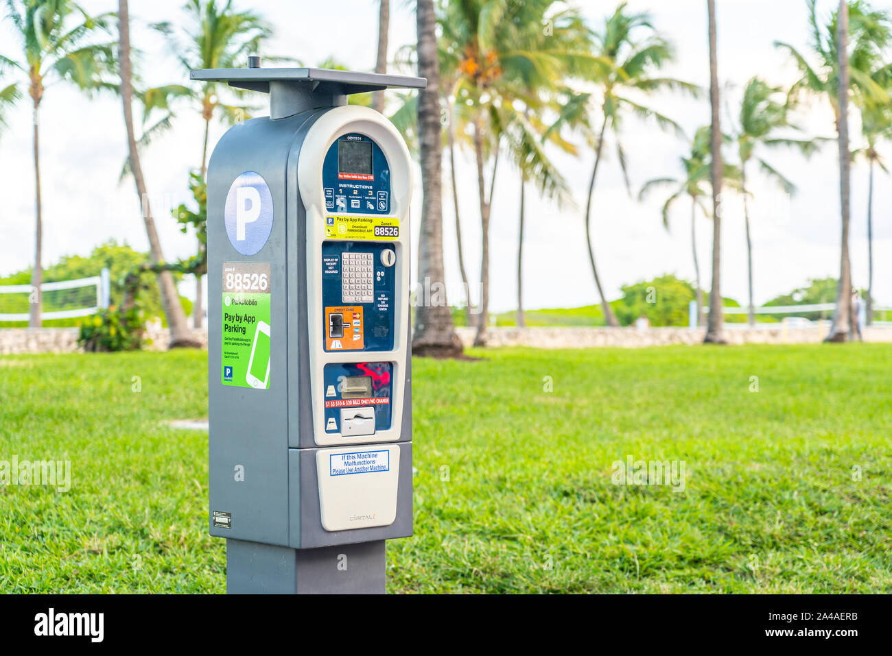 Miami, USA - September 10.09.2019: Self service parking pay station ...