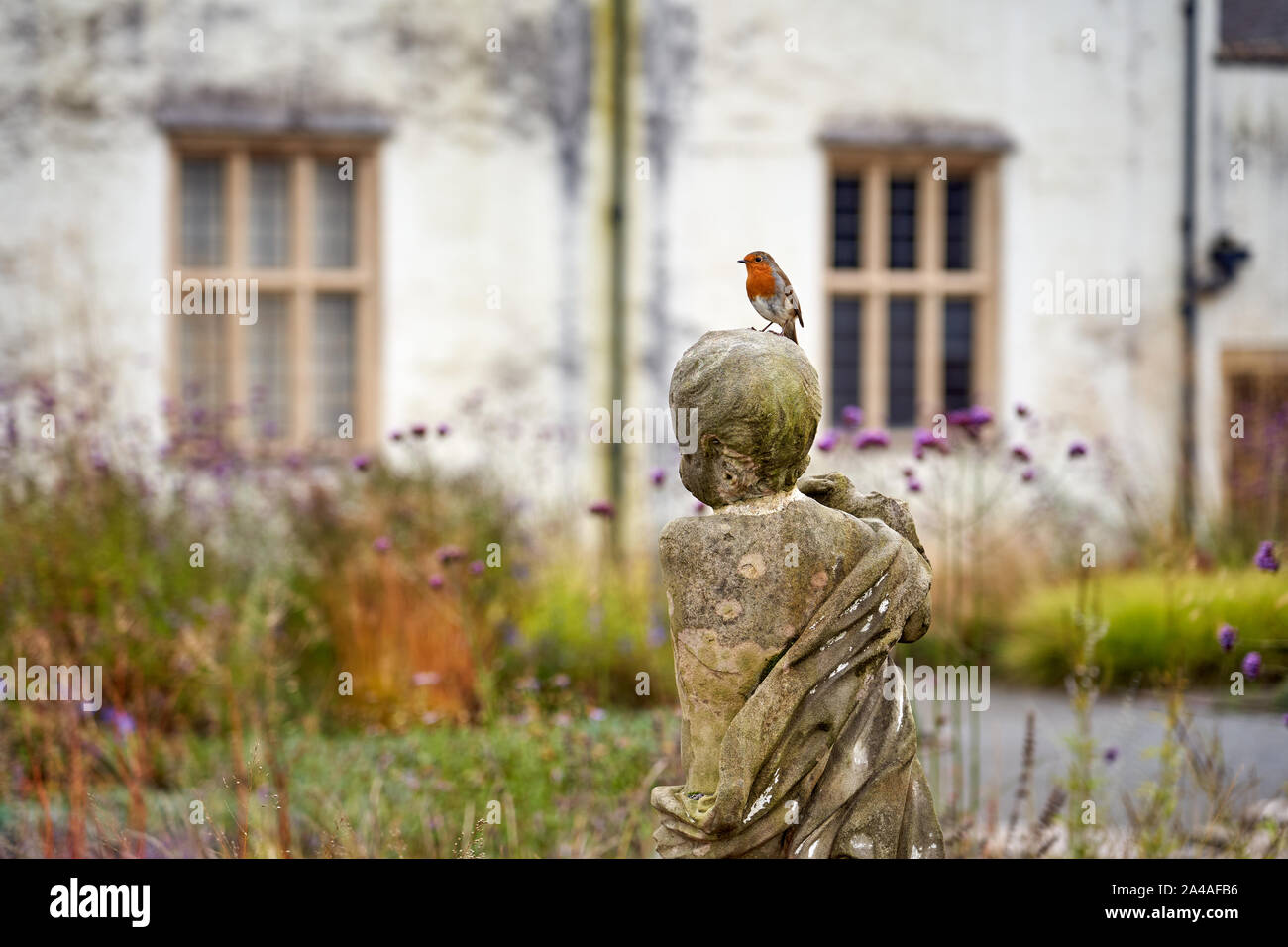 A robin perched on the head of a statue in the grounds of St Fagans ...