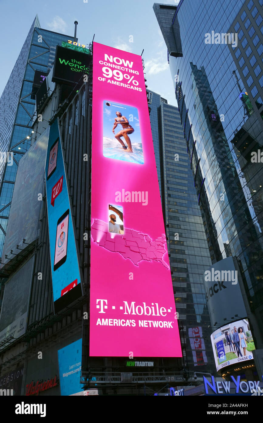 New York, USA. 08th Sep, 2019. T-Mobile's neon sign is attached to a ...