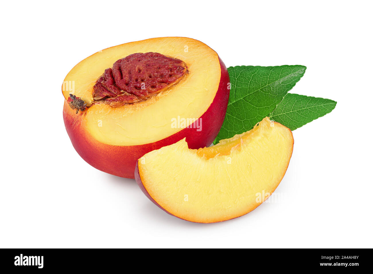 Half nectarine fruit with leaf isolated on white background cutout ...