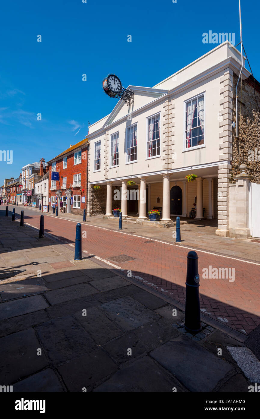 The High Street Hythe, Kent with the former guild hall built in 1794 with its clock Stock Photo ...