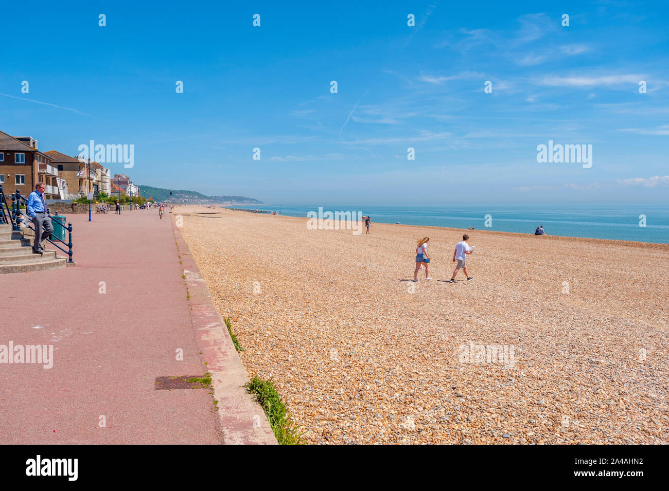 The beach at Hythe Kent looking towards Folkstone on a sunny summers ...