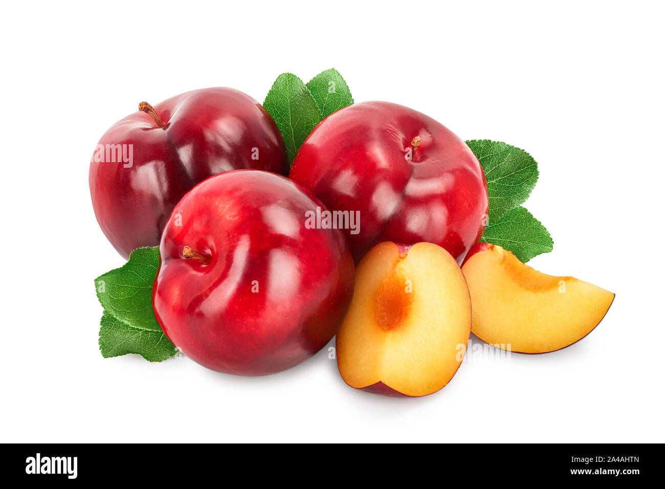 fresh red plum and slices with leaves isolated on white background ...