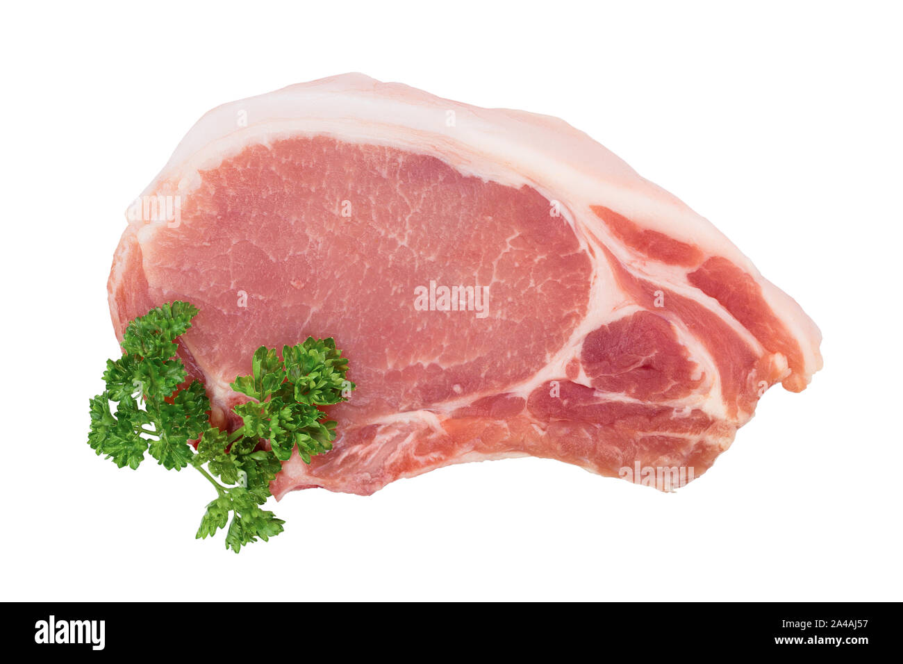 sliced raw pork meat with parsley isolated on white background. Top ...