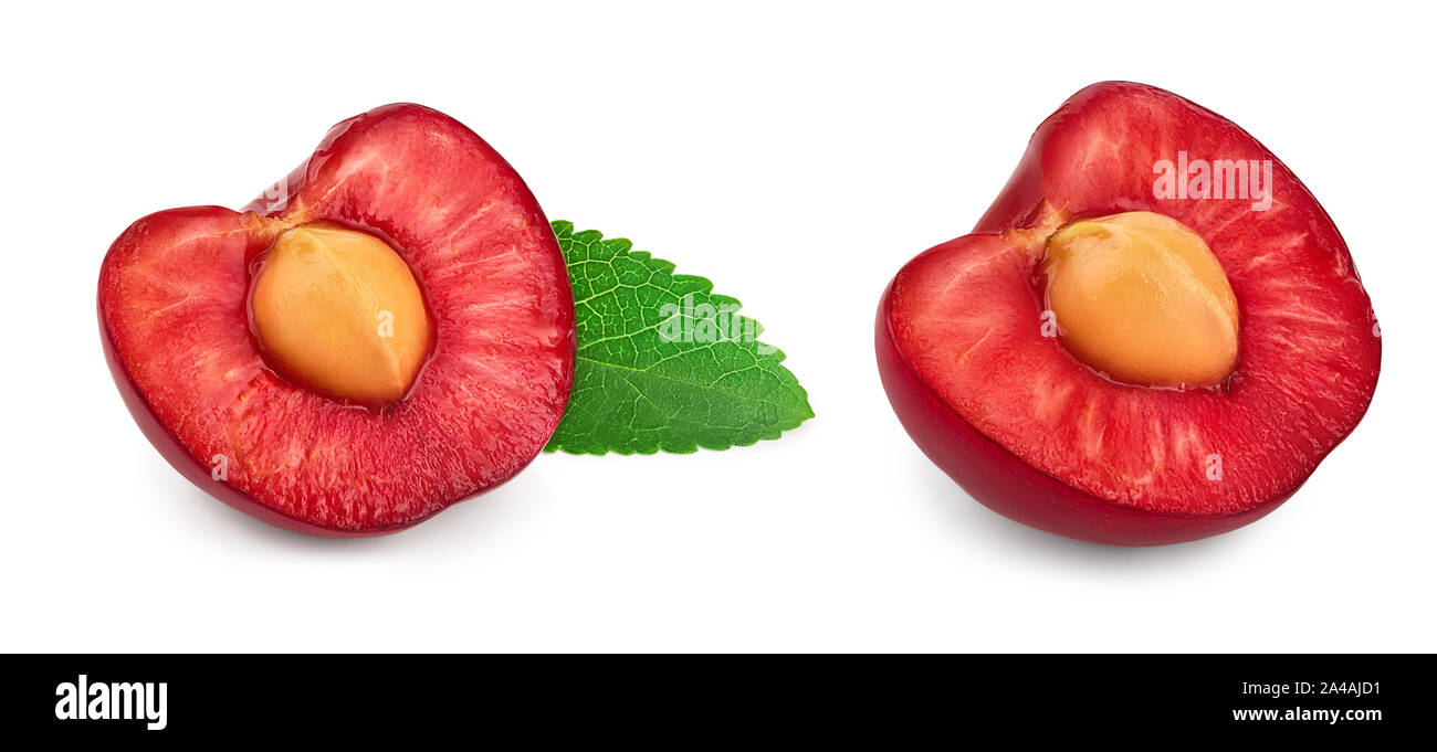 half cherry with leaf closeup isolated on white background Stock Photo ...