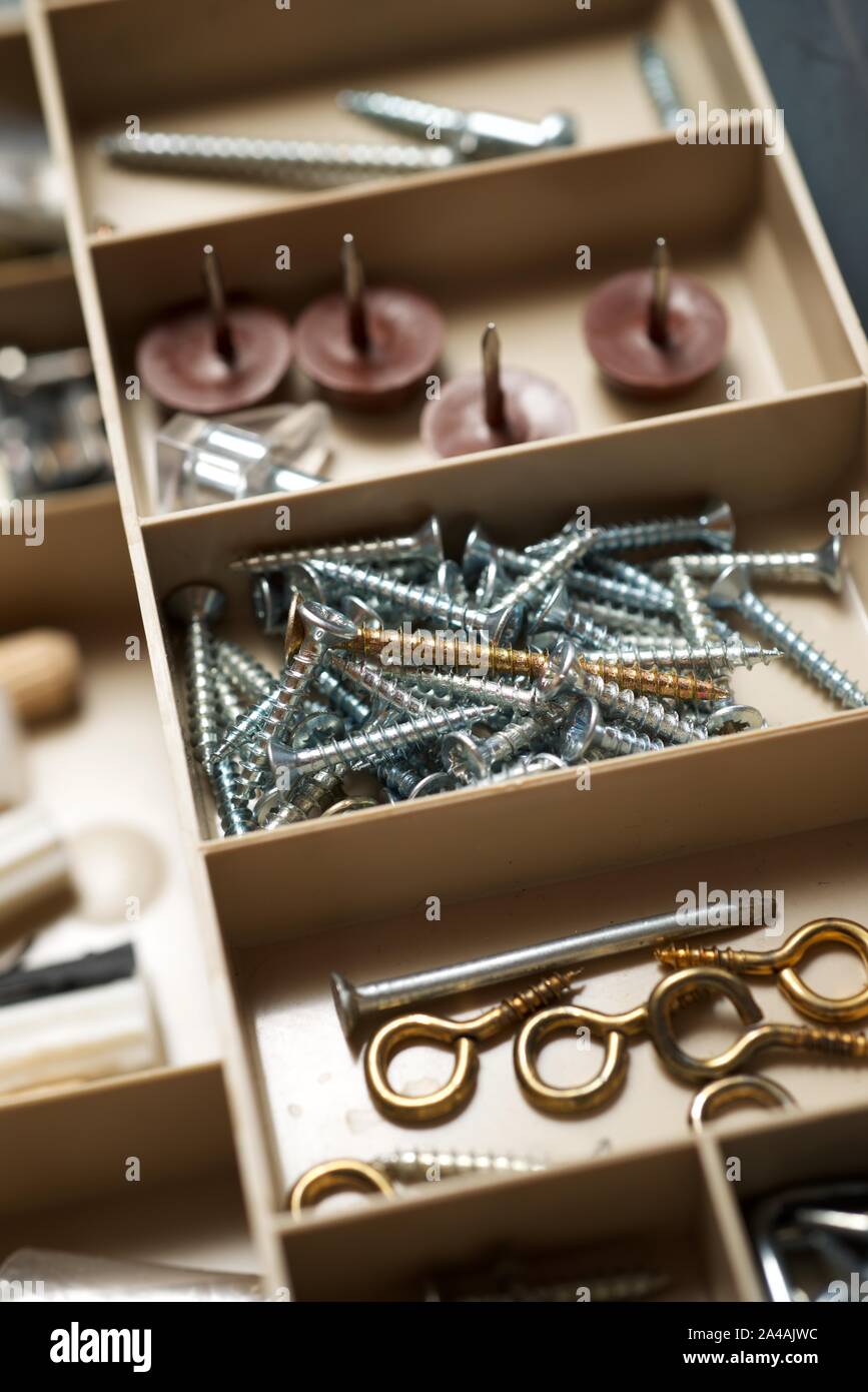 Carpentry gear in a plastic box Stock Photo - Alamy