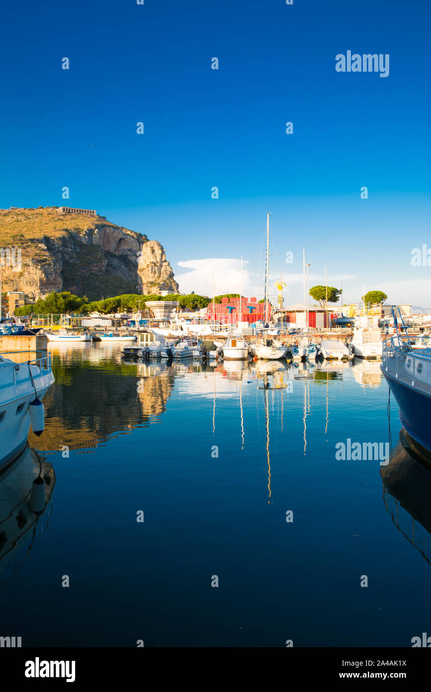 Terracina, port, Platform of sanctuary of Jupiter Anxur. A lot of boats ...