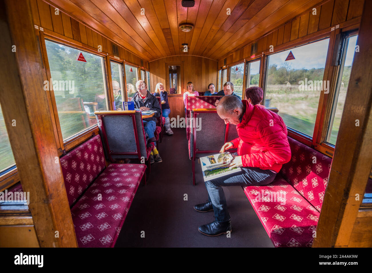 Passengers inside a rail coach on the Ffestiniog & Welsh Highland ...