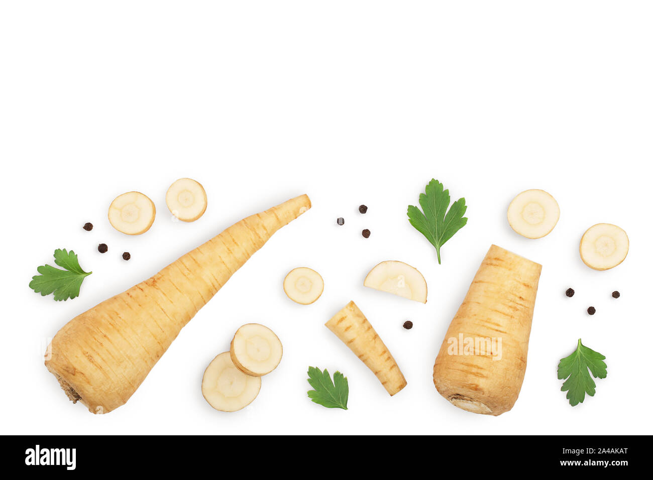 Parsnip root and slices with parsley peppercorns isolated on white ...